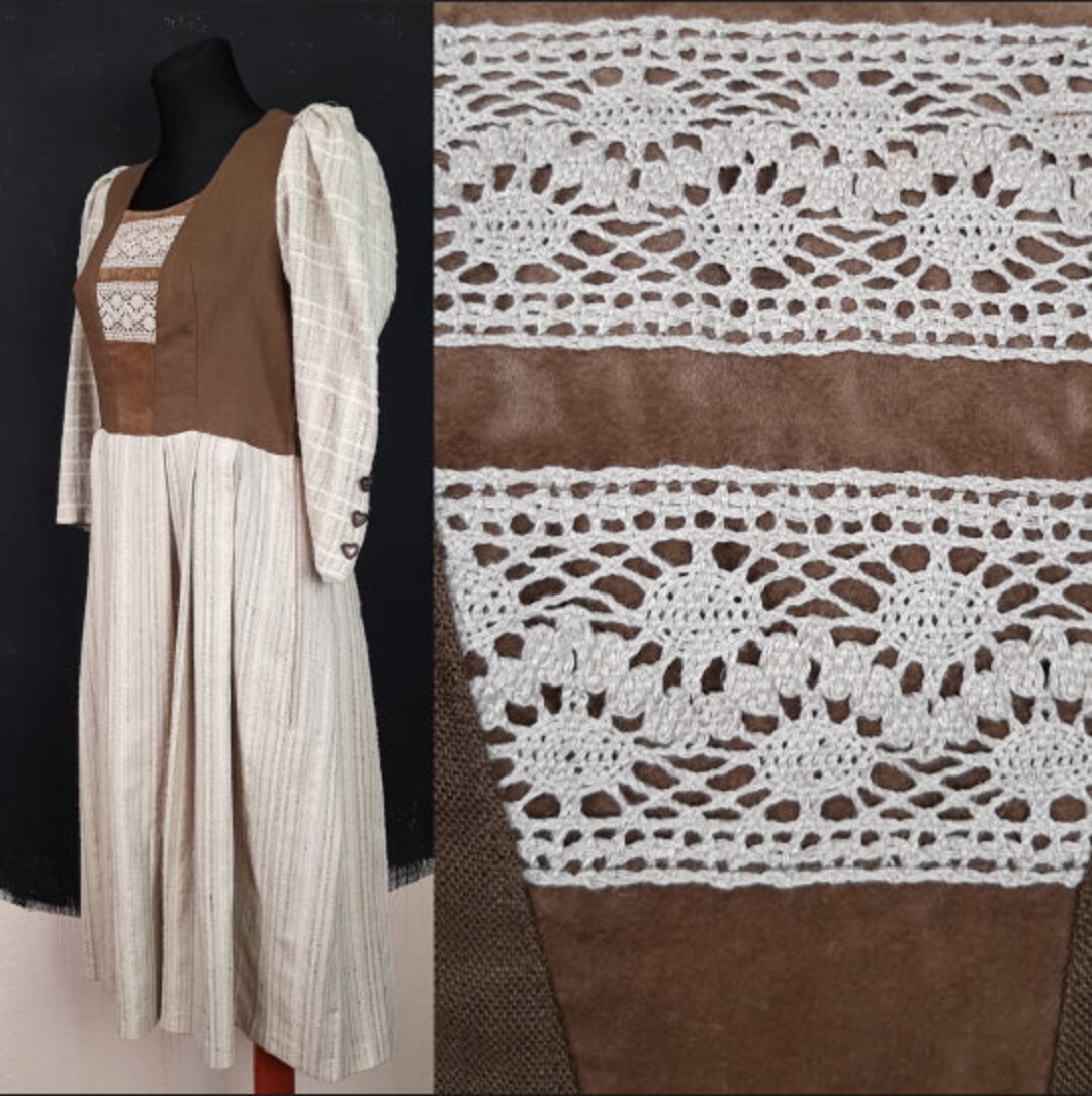 70s Dirndl Brown Lace Medieval DRESS Heart Modest Alpen Trachten ...
