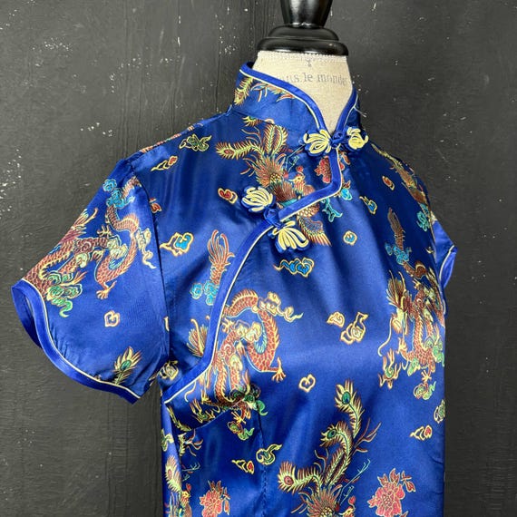 Blue Cheongsam dragon peacock feather BLOUSE top flow… - Gem