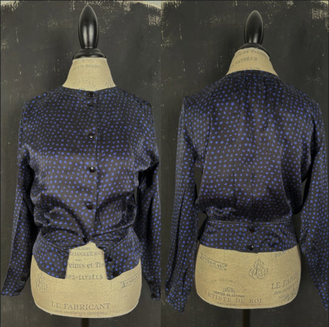 90s Blue Silk Black Polka Dot Italian BLOUSE Italy Nineties Bomber ...