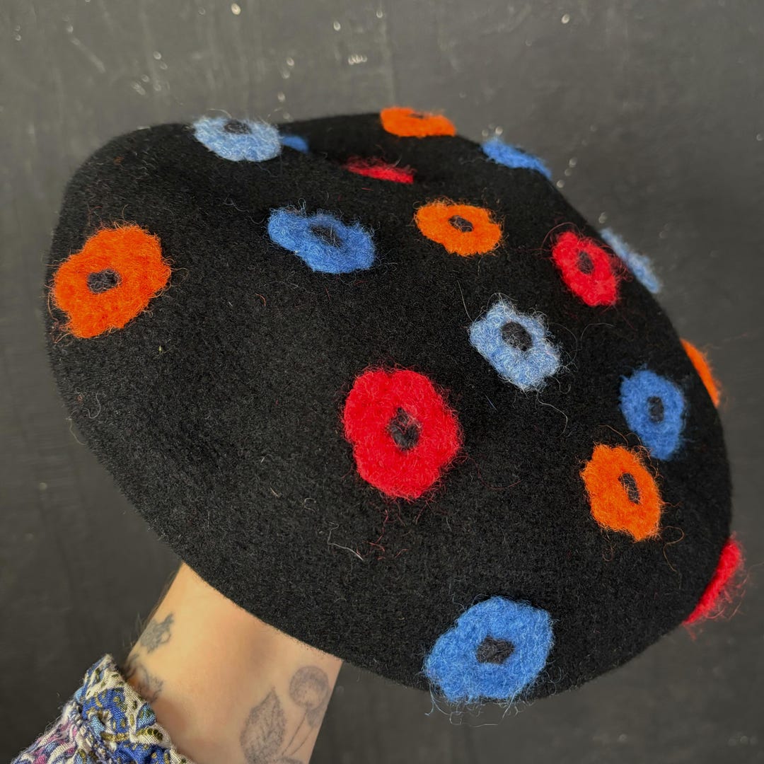 90s Felted Wool French Flower BERET Hat Winter Christmas Hippie ...