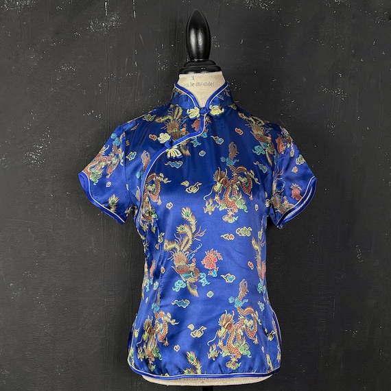 Blue Cheongsam dragon peacock feather BLOUSE top flow… - Gem