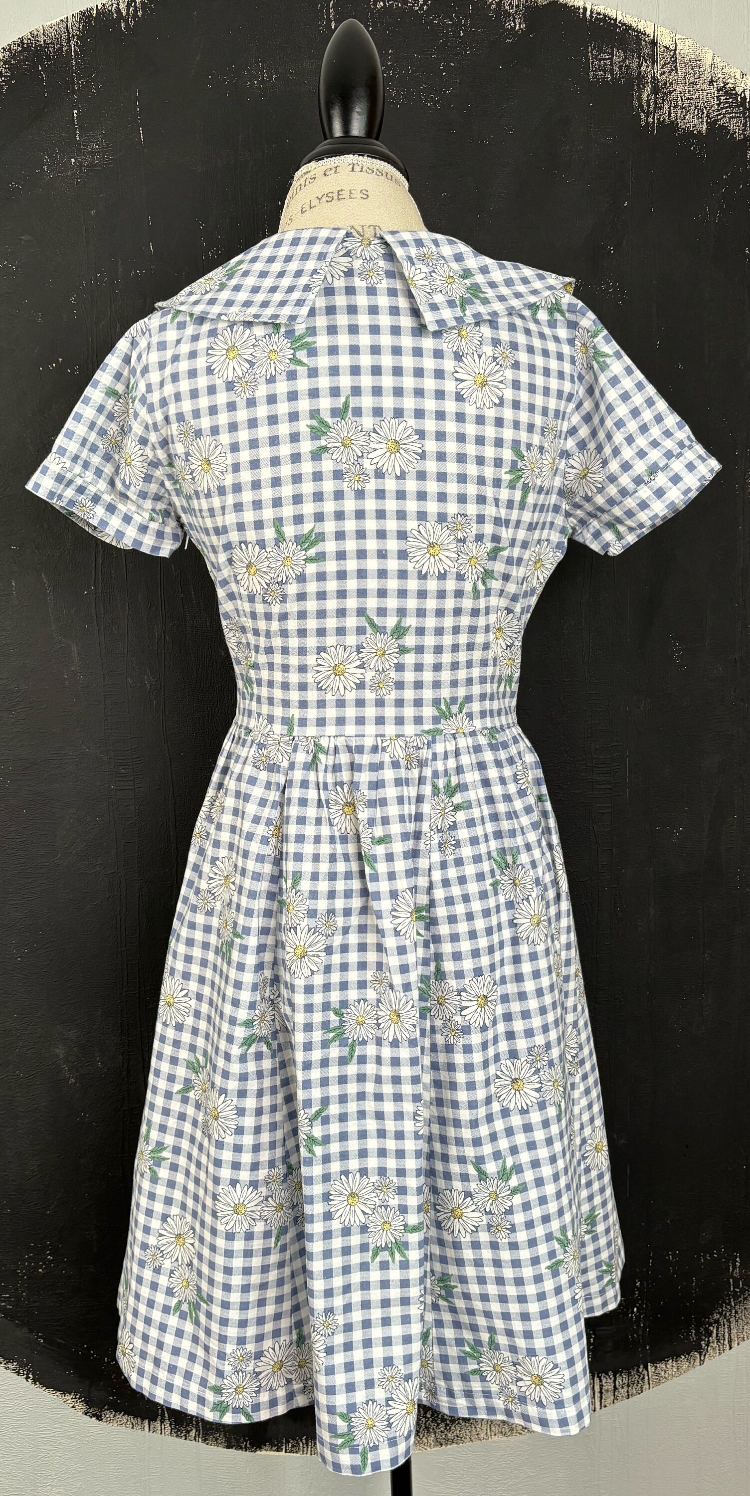70s Vintage Marigold Peter Pan Collar Gingham DRESS White Blue Flower ...