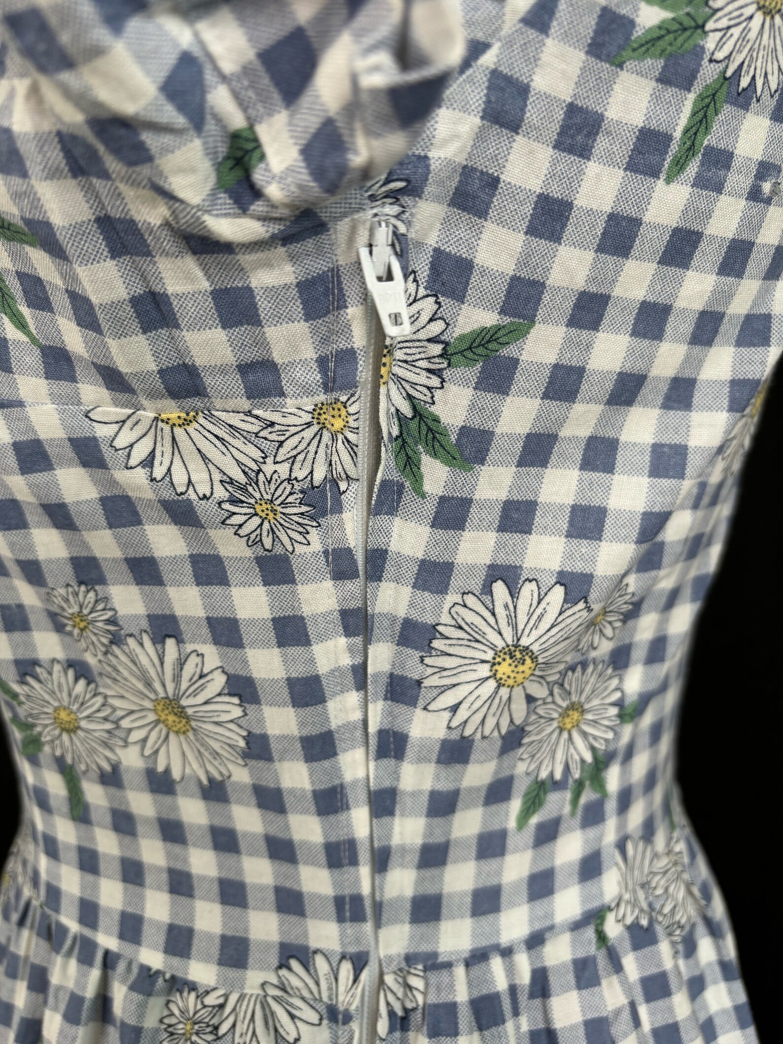70s Vintage Marigold Peter Pan Collar Gingham DRESS White Blue Flower ...