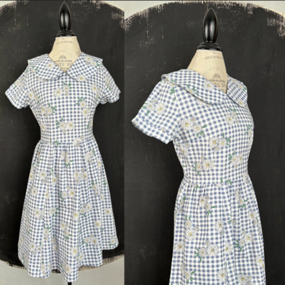 70s Vintage Marigold Peter Pan Collar Gingham DRESS White Blue Flower ...