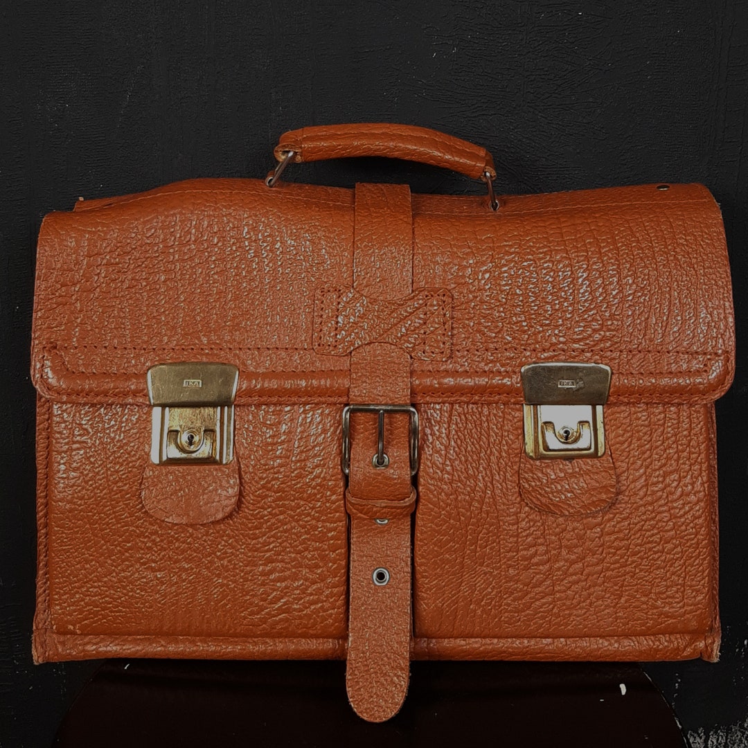 60s 70s Leather BRIEFCASE Bag Brown Seventies Professor Student French ...