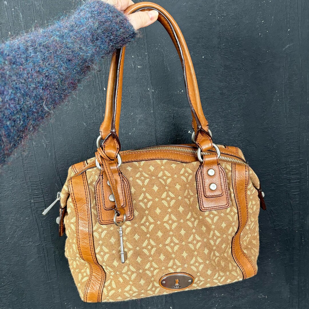 Vintage Fossil Satchel Key Monogram Leather Fabric Brown BAG Boho ...