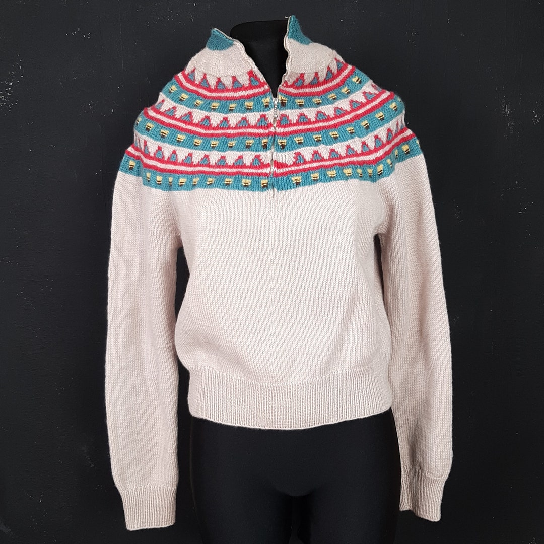 70s Hand Knitted Norwegian Fair Isle Wool JUMPER Sweater Grey Red Blue ...