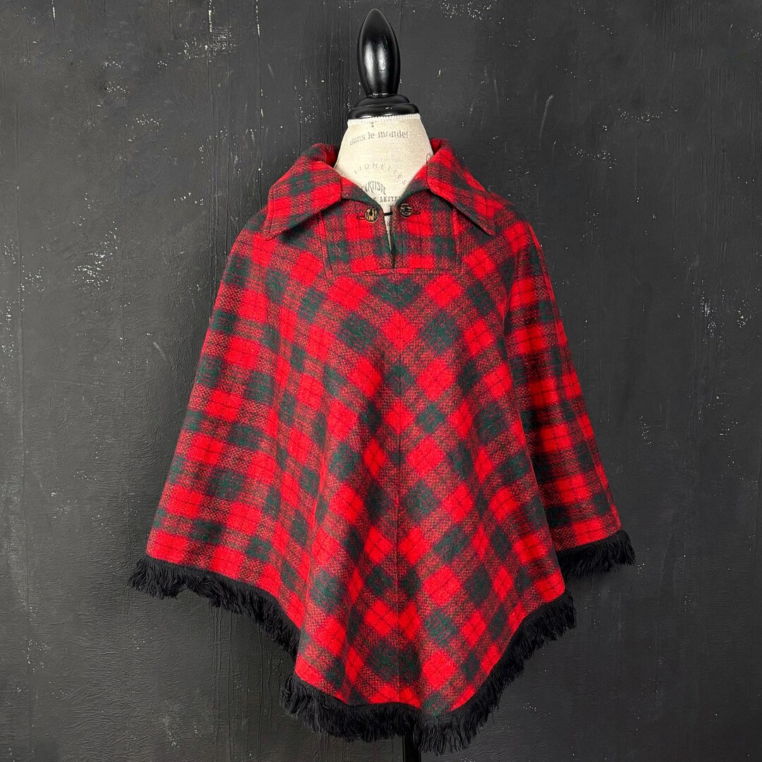 70s Plaid Red Black Fringe Wool CAPE Poncho Norwegian Winter ...