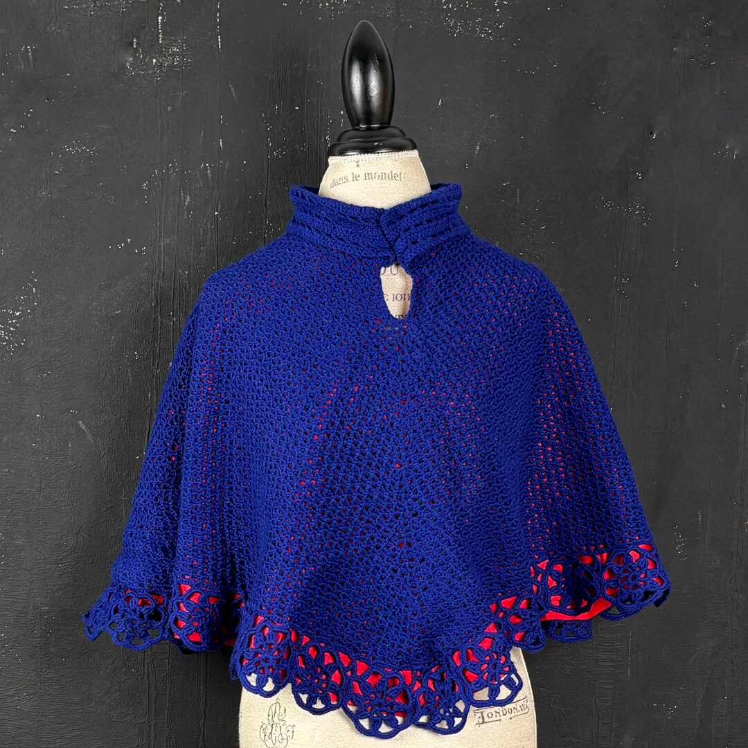 70s or 60s Blue Wool Flower PONCHO Cape Crocheted French Boho Festival ...