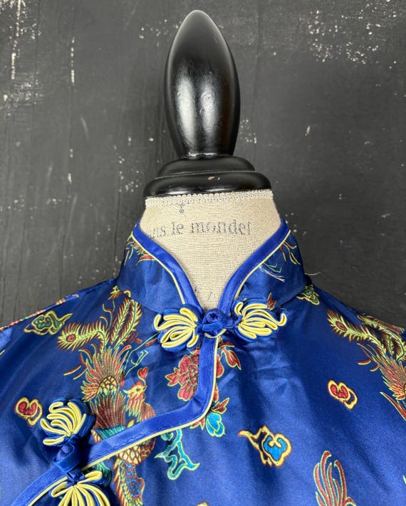Blue Cheongsam dragon peacock feather BLOUSE top flow… - Gem