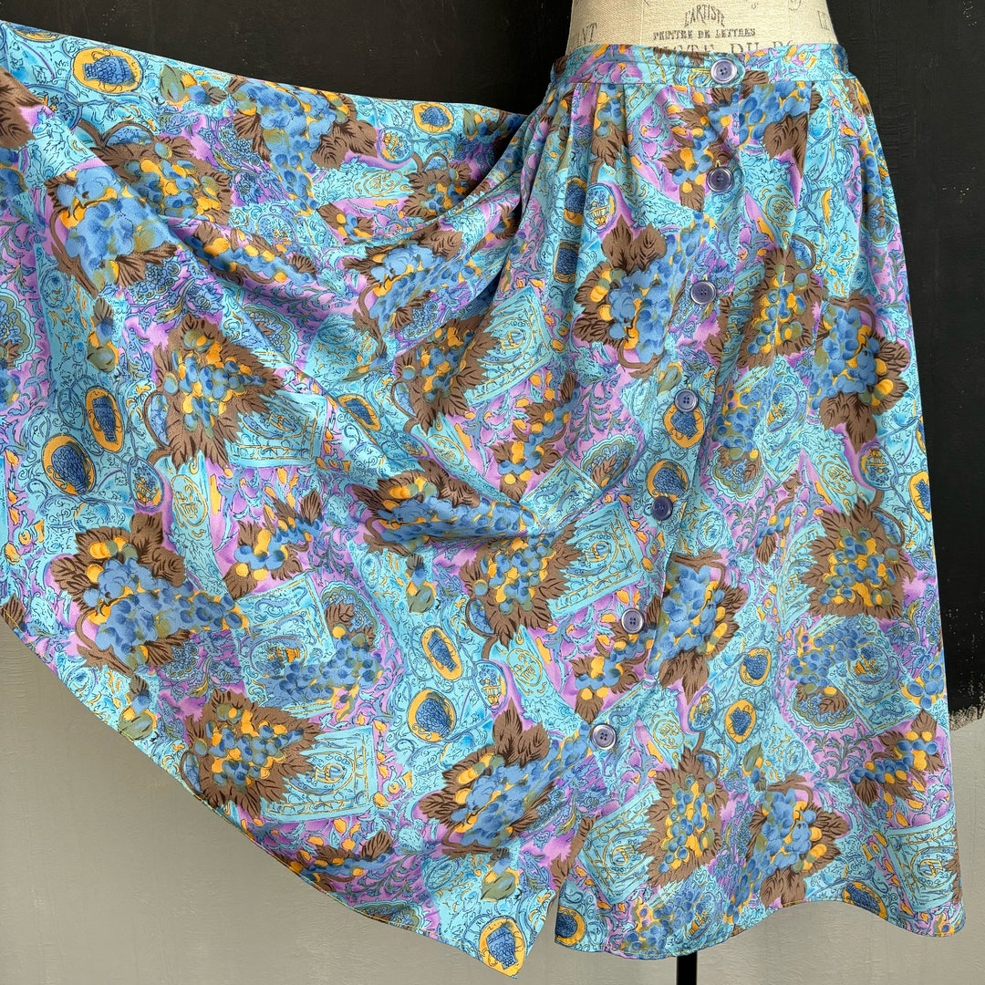 Vintage French 80s Grapes Berries Drawing Flower SKIRT Blue Purple ...