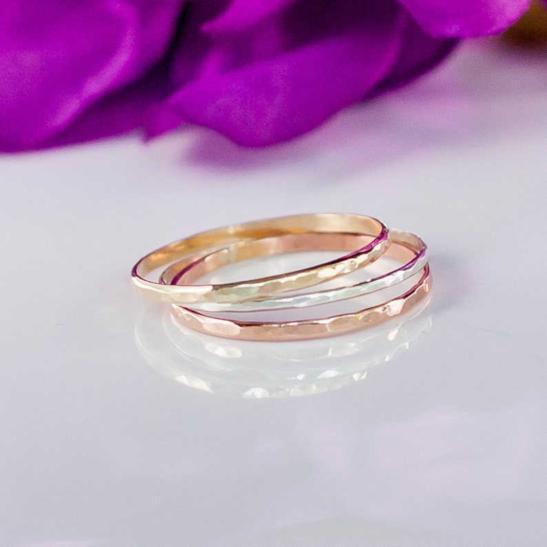 Mixed Metal Hammered Stackable Ring Set - Etsy