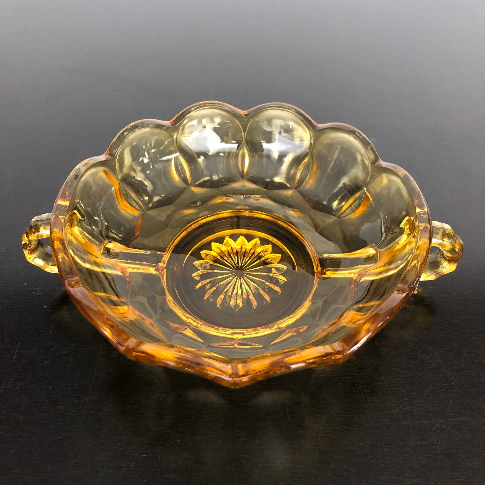 Vintage Fairfield Amber Pressed Glass Handled Bowl Dish With Scalloped ...