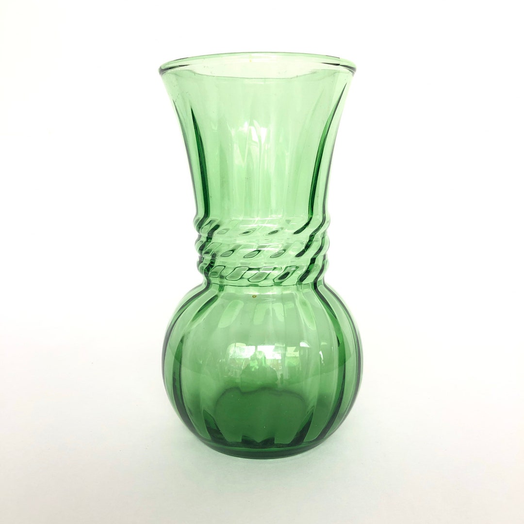 Small 'ribbed & Cinched' Green Vintage Glass Bouquet Vase - Etsy