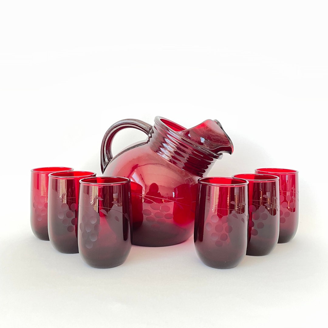 Vintage Ruby Red Etched Glass 42oz Tilt Ball Wine Jug Pitcher and Six ...