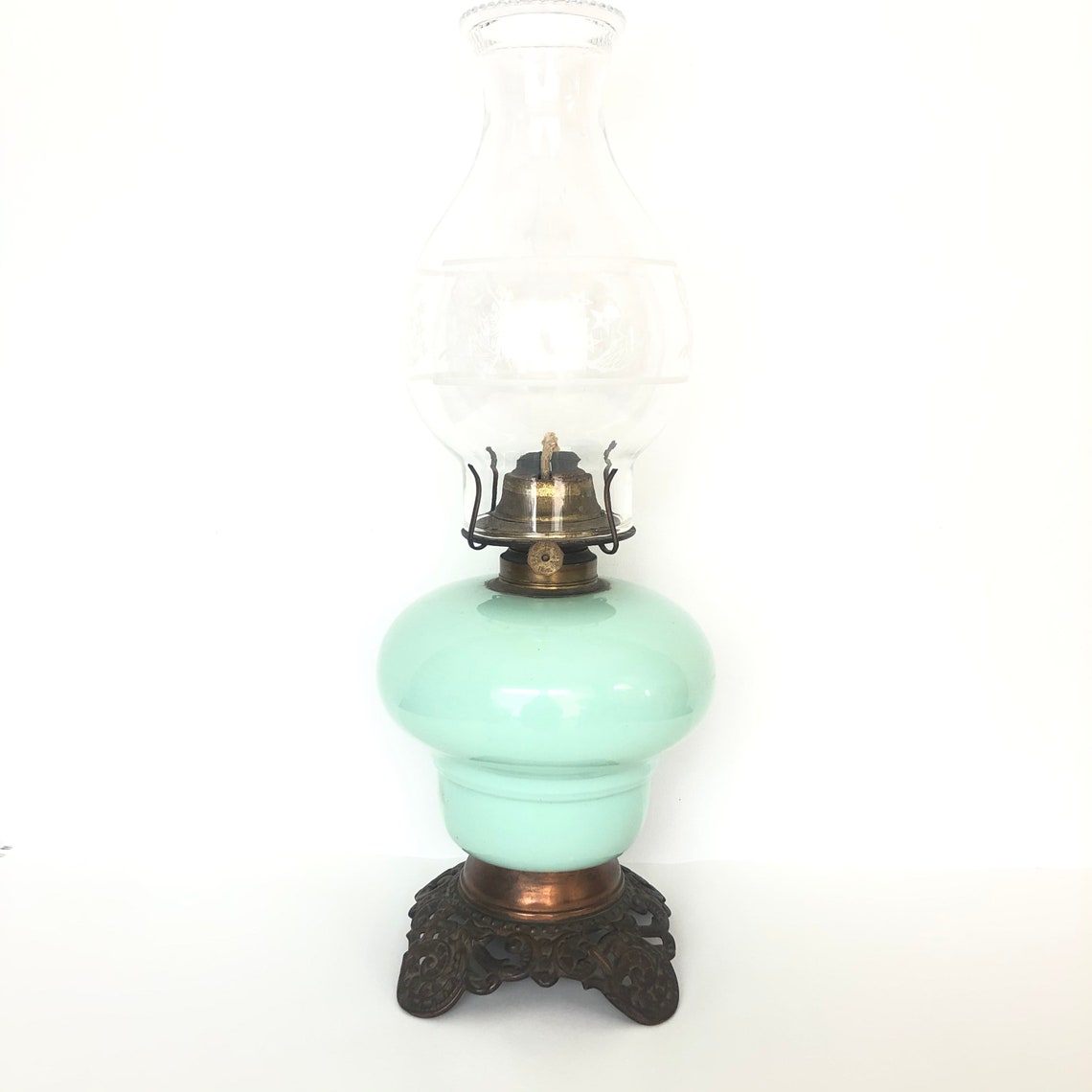 RARE Vintage or Antique Jadeite Oil Lamp With Metal Base and - Etsy