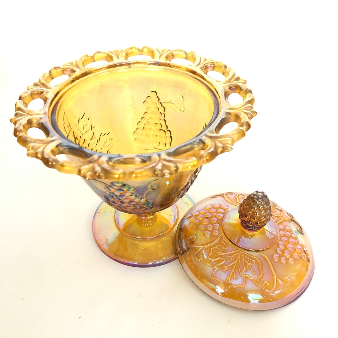Vintage Carnival Glass Harvest Grape Pattern Glass Covered - Etsy