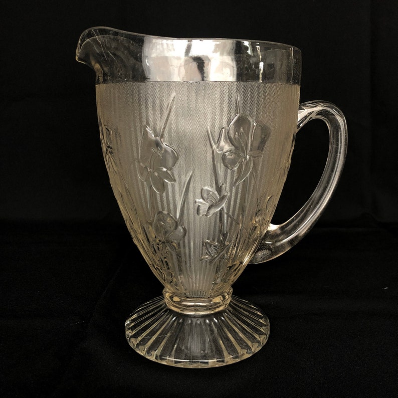 Vintage Clear Glass Iris & Herringbone Pitcher by Jeannette - Etsy