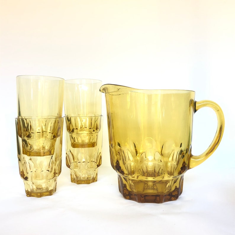 Vintage Thumbprint Pattern Amber Glass Pitcher and 4 Glasses - Etsy
