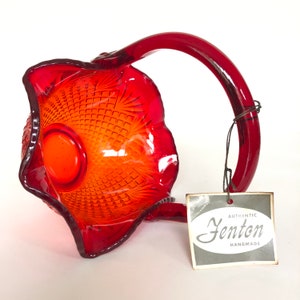 Vintage FENTON Red Amberina Glass Diamond Point Ruffled Rim, Footed ...
