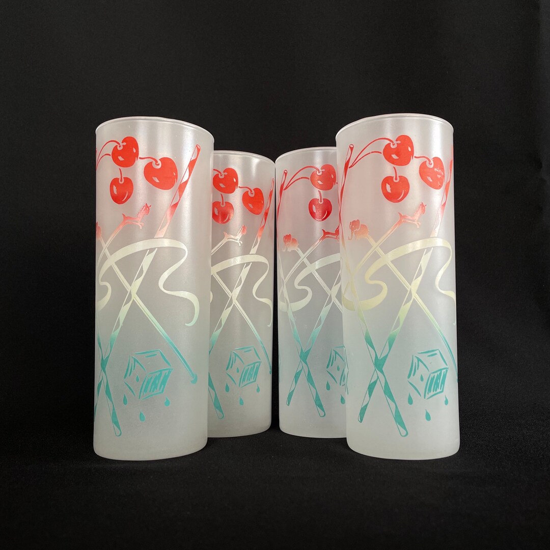 Vintage Frosted Tom Collins Glasses - Federal Glass, Cherry Design, Set ...