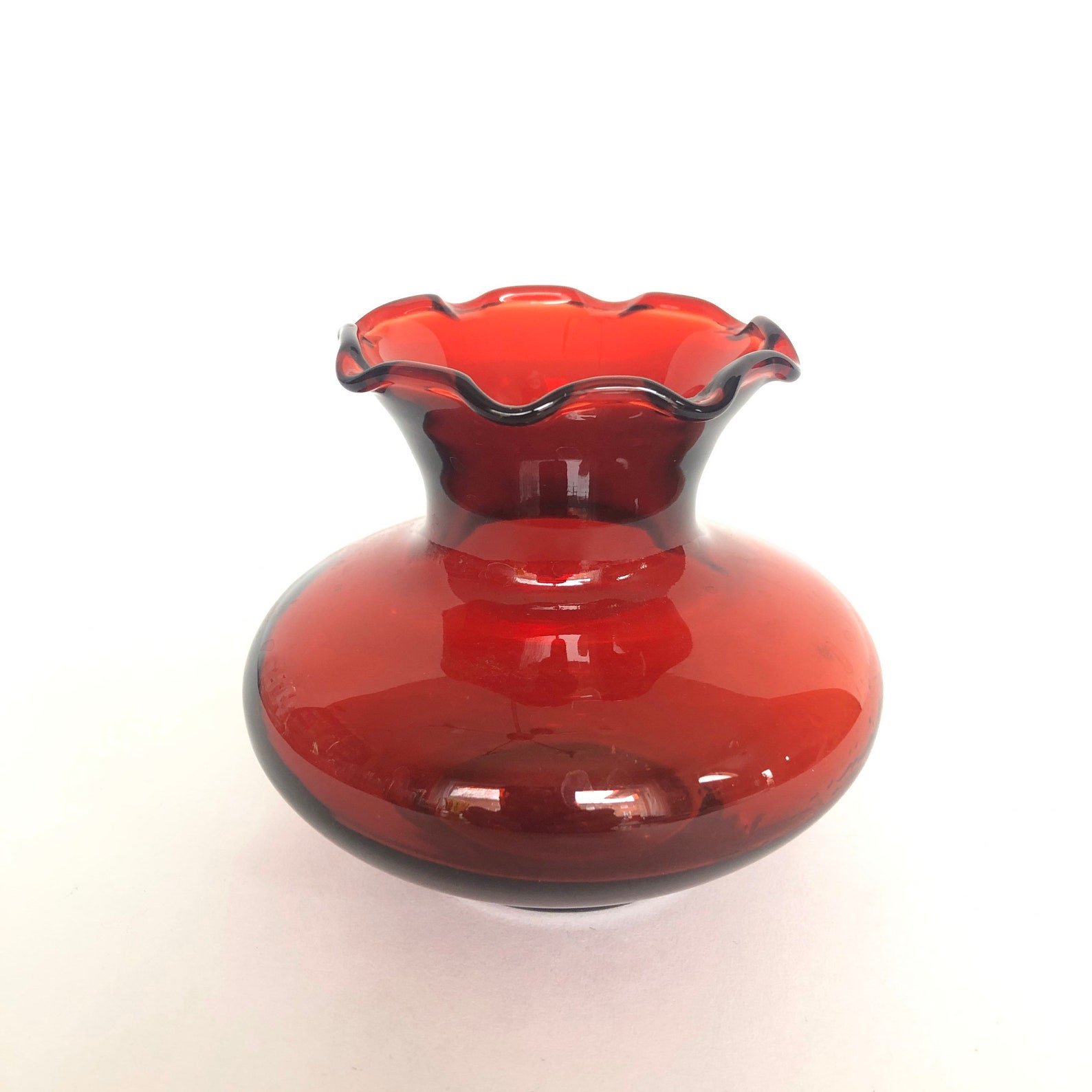 Ruby Red Vintage Glass Ruffled Rim Short Vase - Etsy