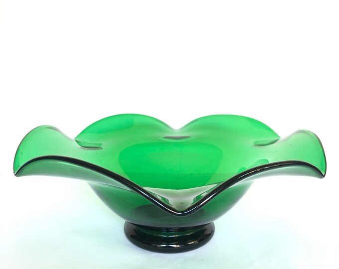 Big Ruffled Rim Vintage Emerald Green Glass Bowl - Etsy