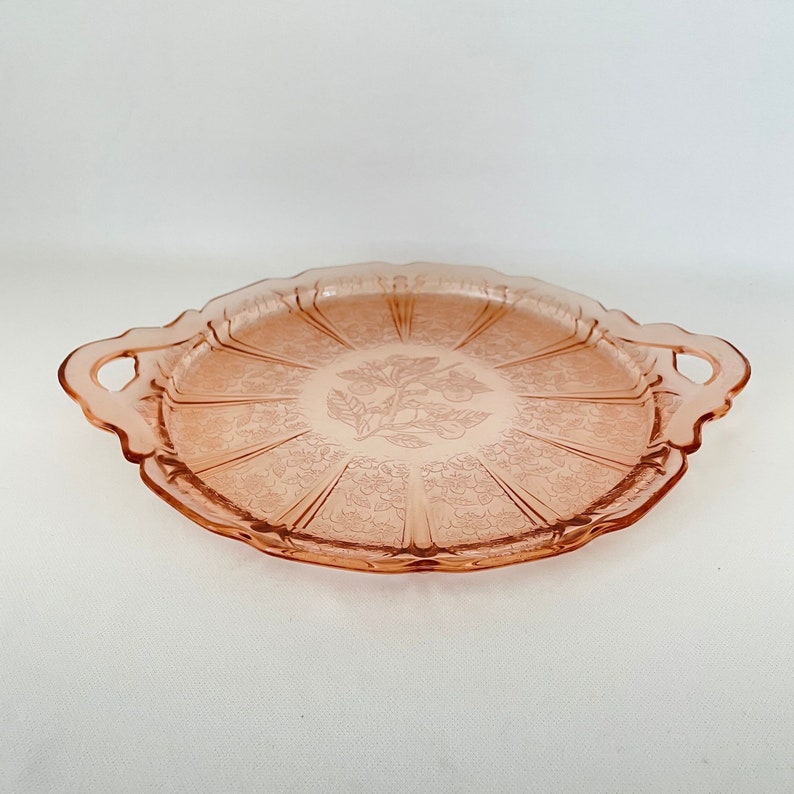 SPECTACULAR Pink Depression Glass Cherry Pattern Handled Tray Plate ...