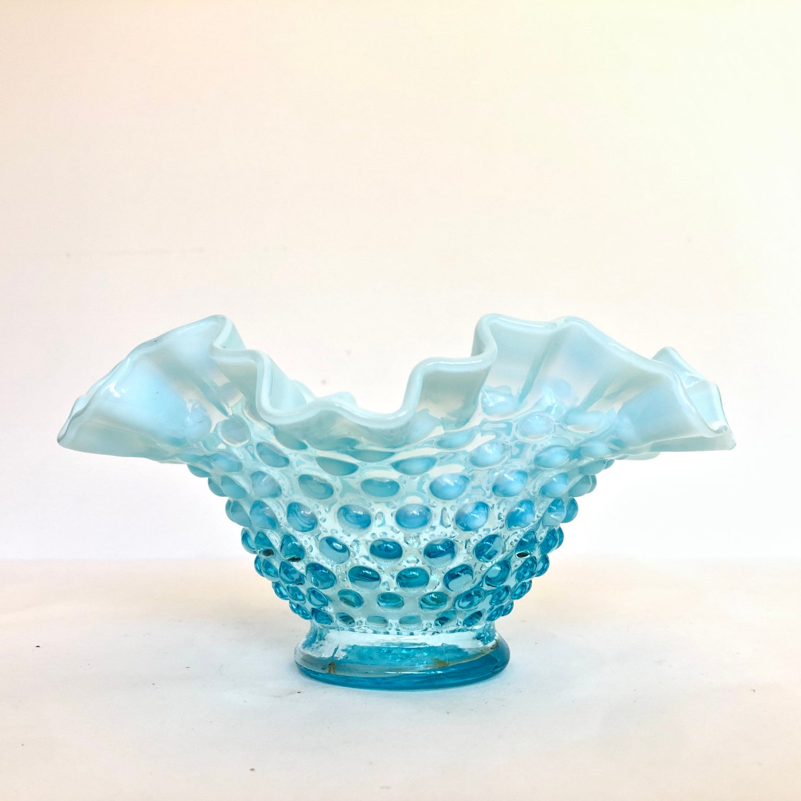 Vintage Fenton Hobnail Ruffled Rim Blue Glass Dish Bowl - Etsy