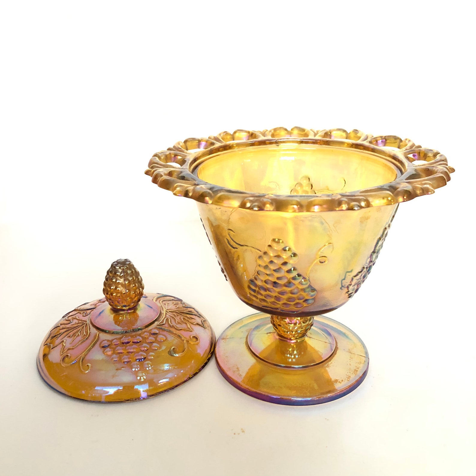 Vintage Carnival Glass Harvest Grape Pattern Glass Covered - Etsy