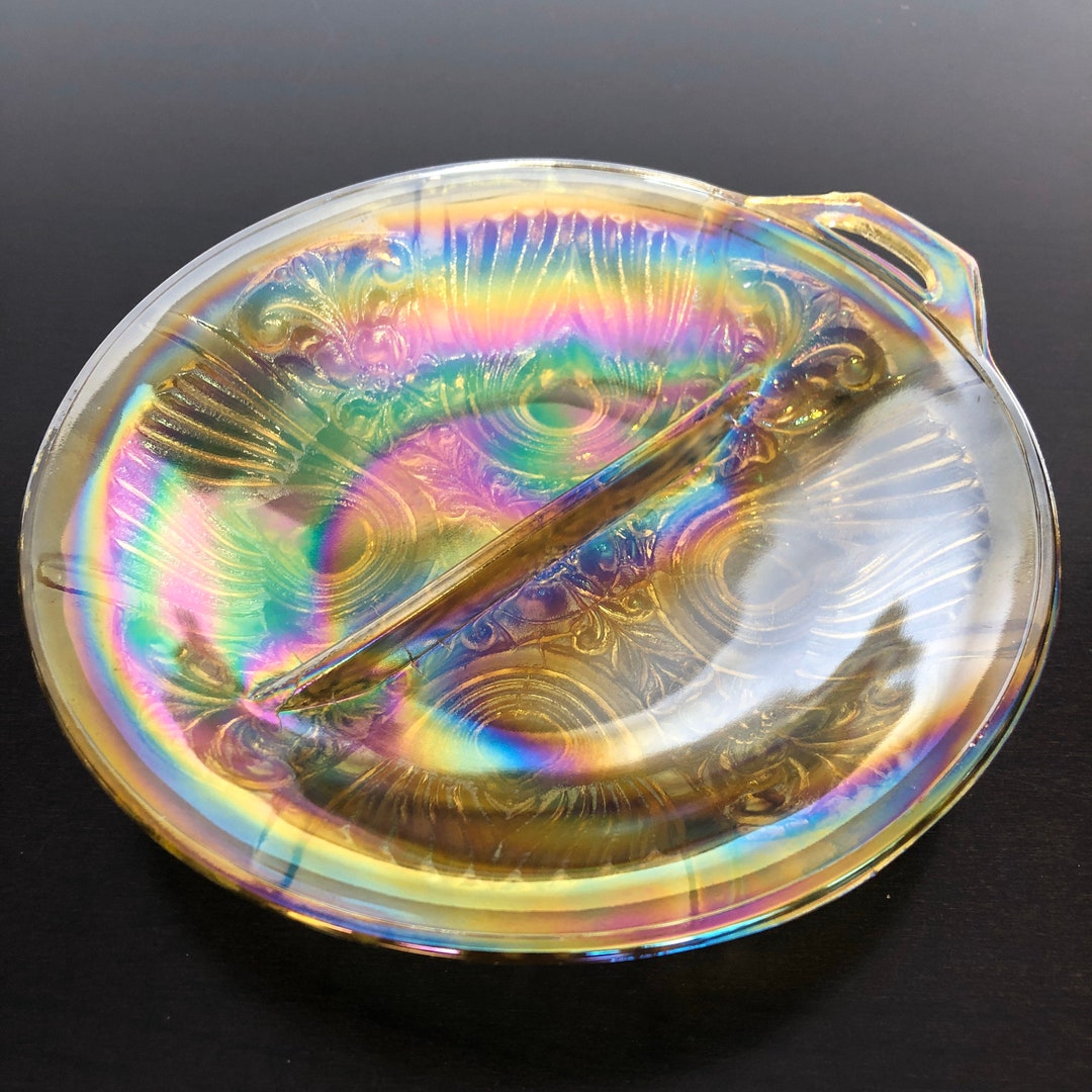 Vintage Golden Carnival Glass Dish / Serving Plate, 2 Sections / Candy ...