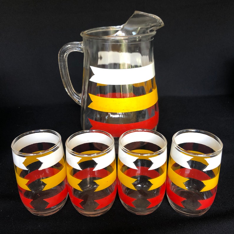 Vintage Clear Glass Striped Print (red/yellow/white) 88oz Pitcher With ...