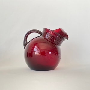 Vintage Ruby Red Etched Glass 42oz Tilt Ball Wine Jug Pitcher and Six ...