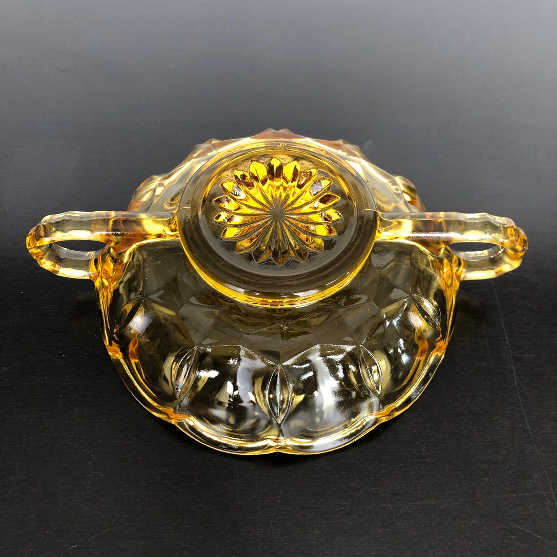 Vintage Fairfield Amber Pressed Glass Handled Bowl Dish With Scalloped ...