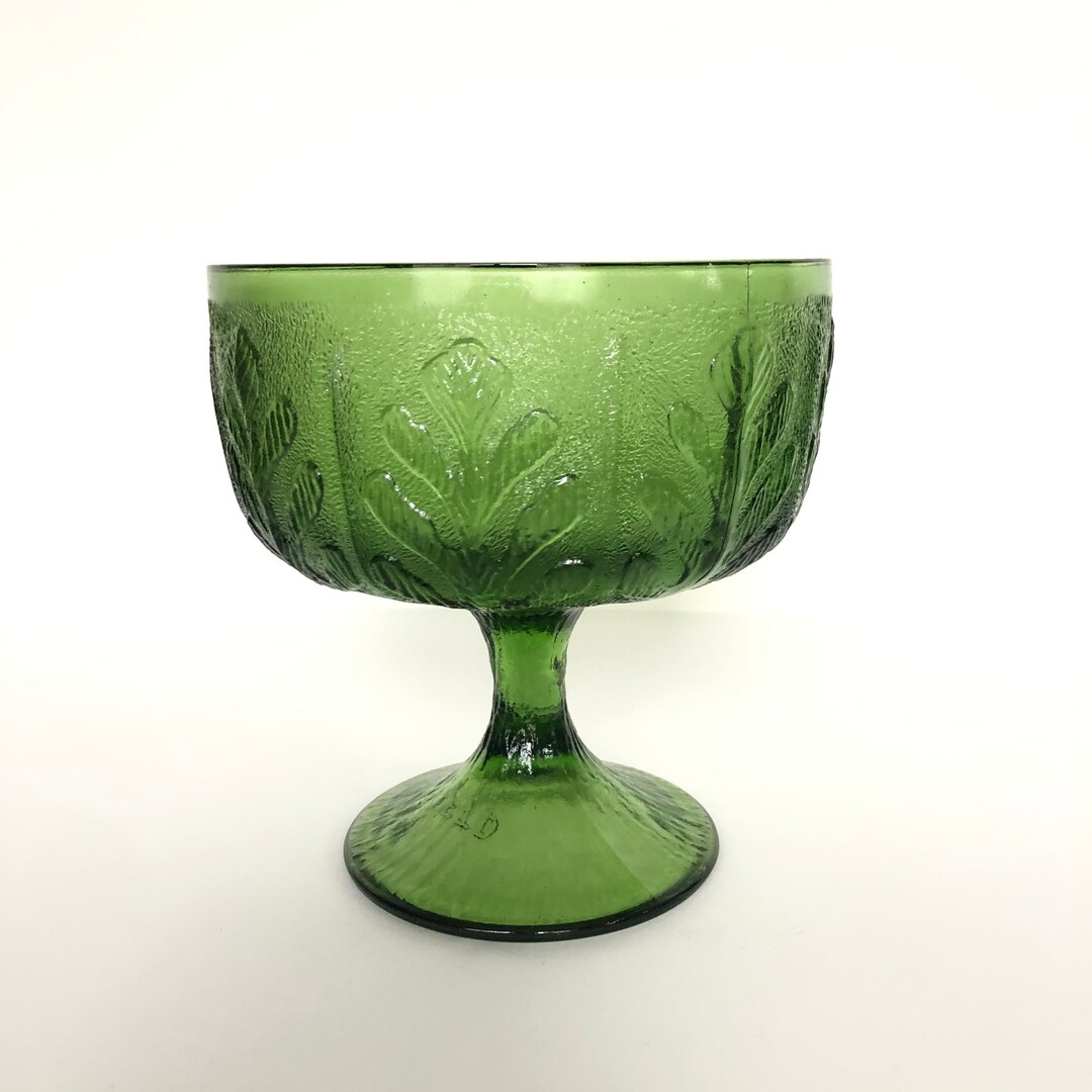 Retro Spruce Green Footed Glass Compote With Oak Leaf Design and ...