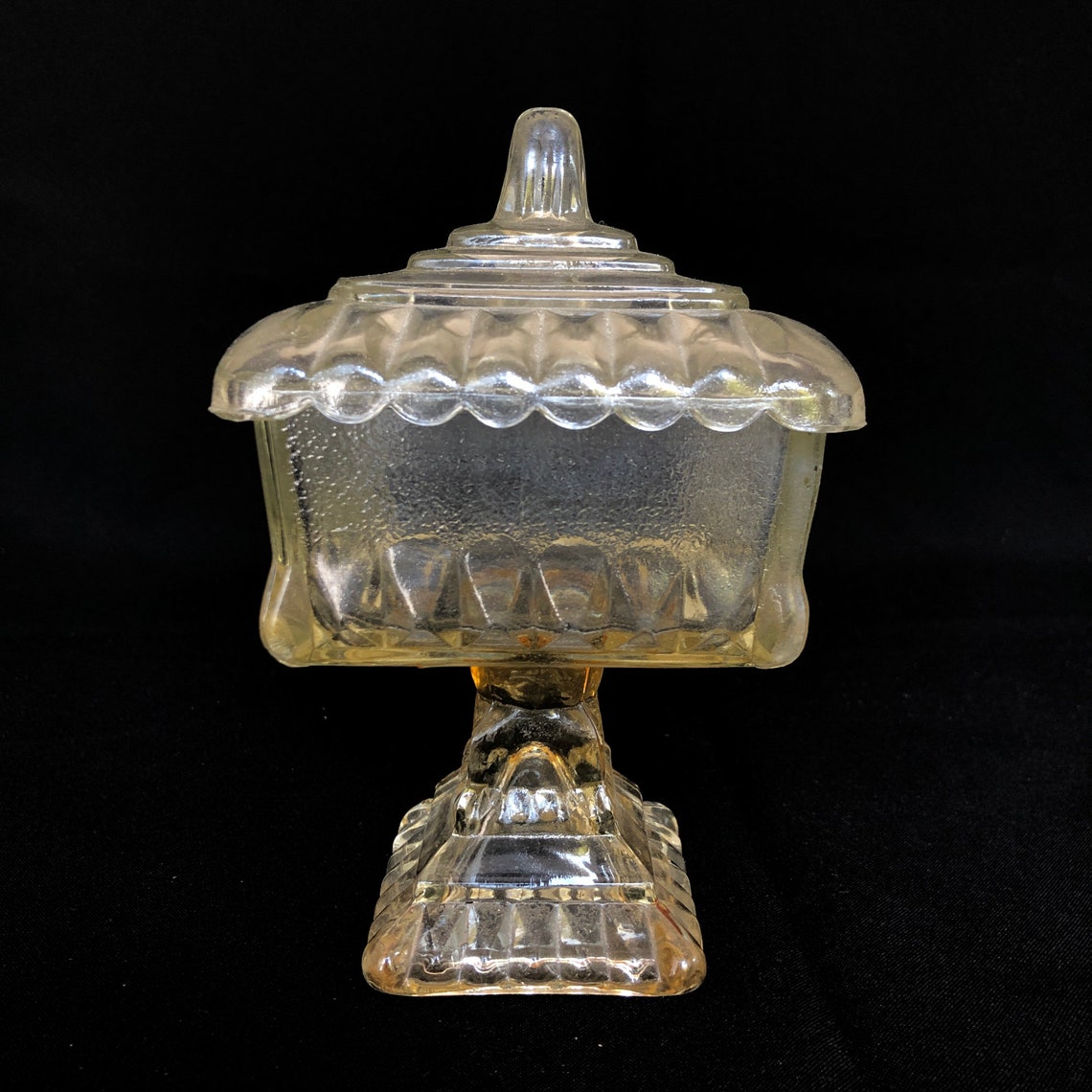 Vintage Glass Wedding Cake Box Square Pedestal Bowl Candy Dish by ...