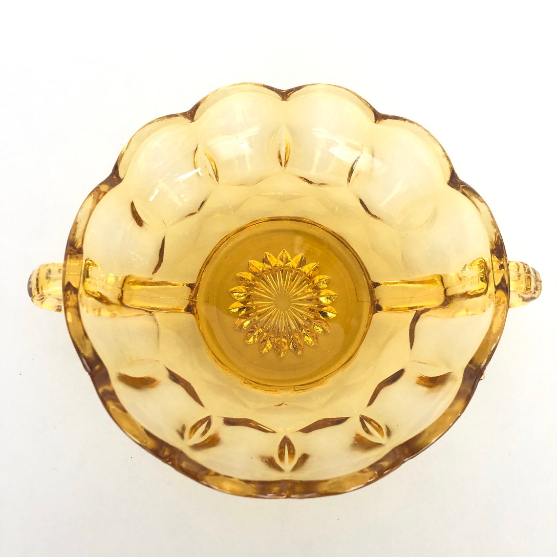 Vintage Fairfield Amber Pressed Glass Handled Bowl Dish With Scalloped ...