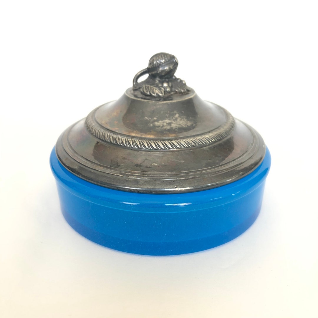 Incredible Antique Electric Blue Glass Covered Powder Box - Powder Dish ...