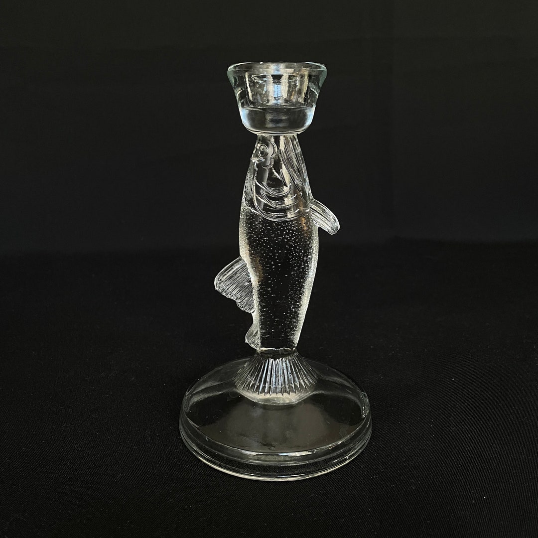 Antique Clear Pressed Glass Fish Candlestick - Figural Glass Fish ...