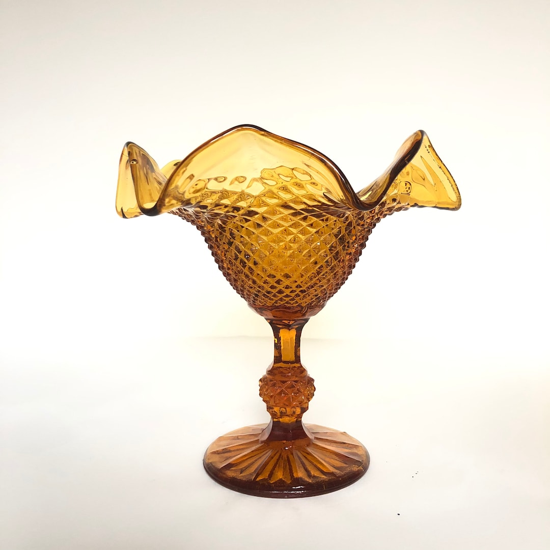 Vintage Amber Pressed Glass Diamond Point, IVIMA Italy Compote Comport ...