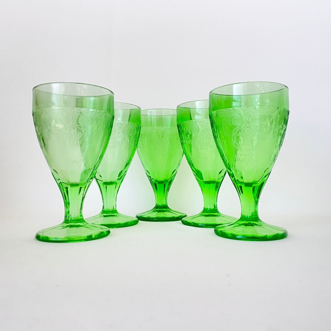 5 Vintage Green Depression Glass Goblets Stemmed Uranium - Etsy