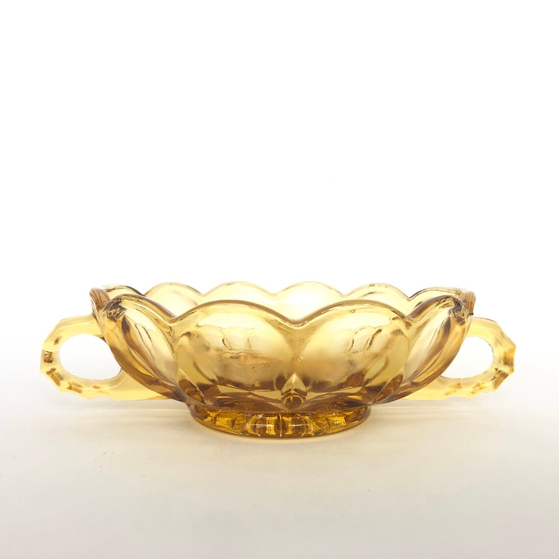 Vintage Fairfield Amber Pressed Glass Handled Bowl Dish With Scalloped ...