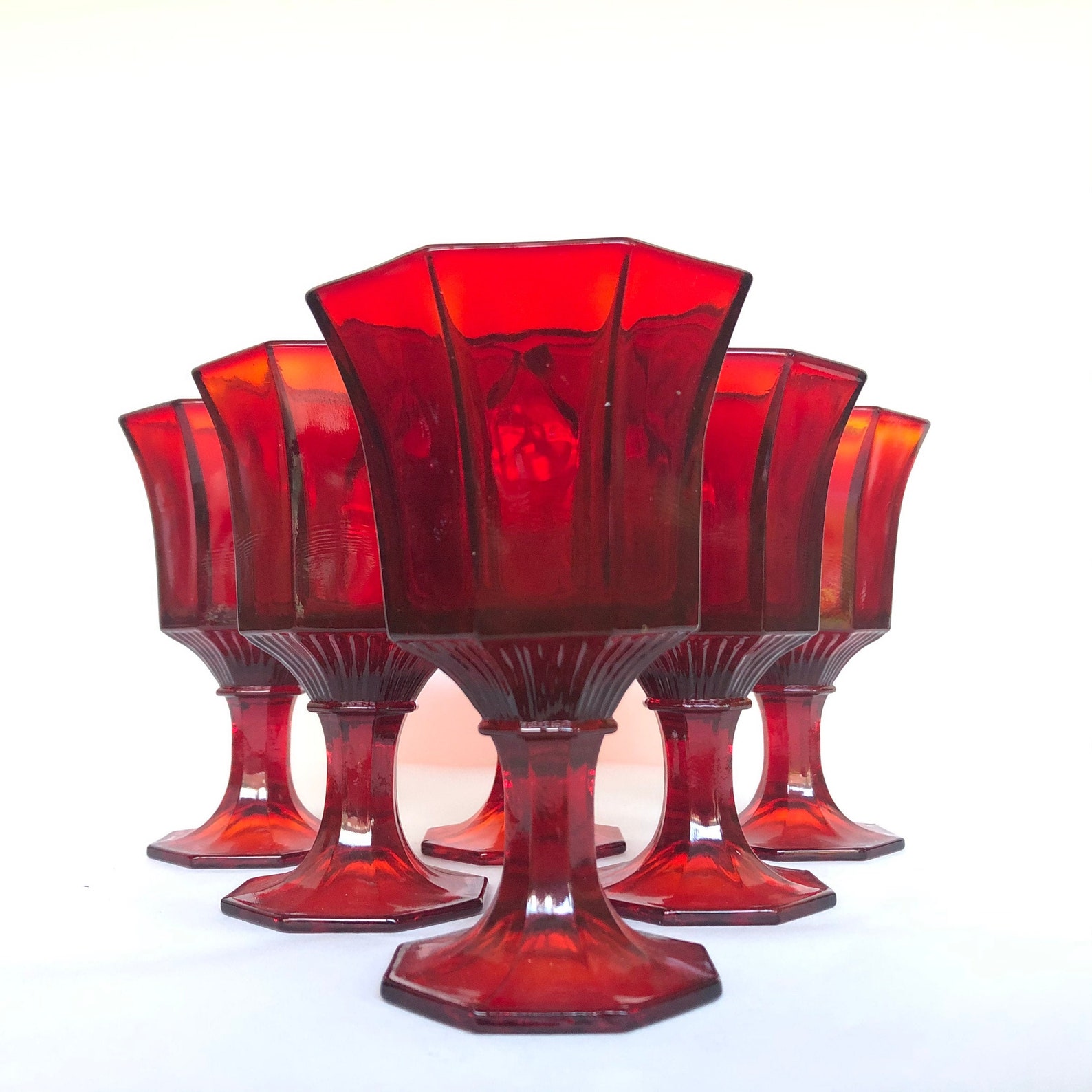 Set of 6 Ruby Red Amberina Glass Octagonal 4oz Wine Glasses by | Etsy