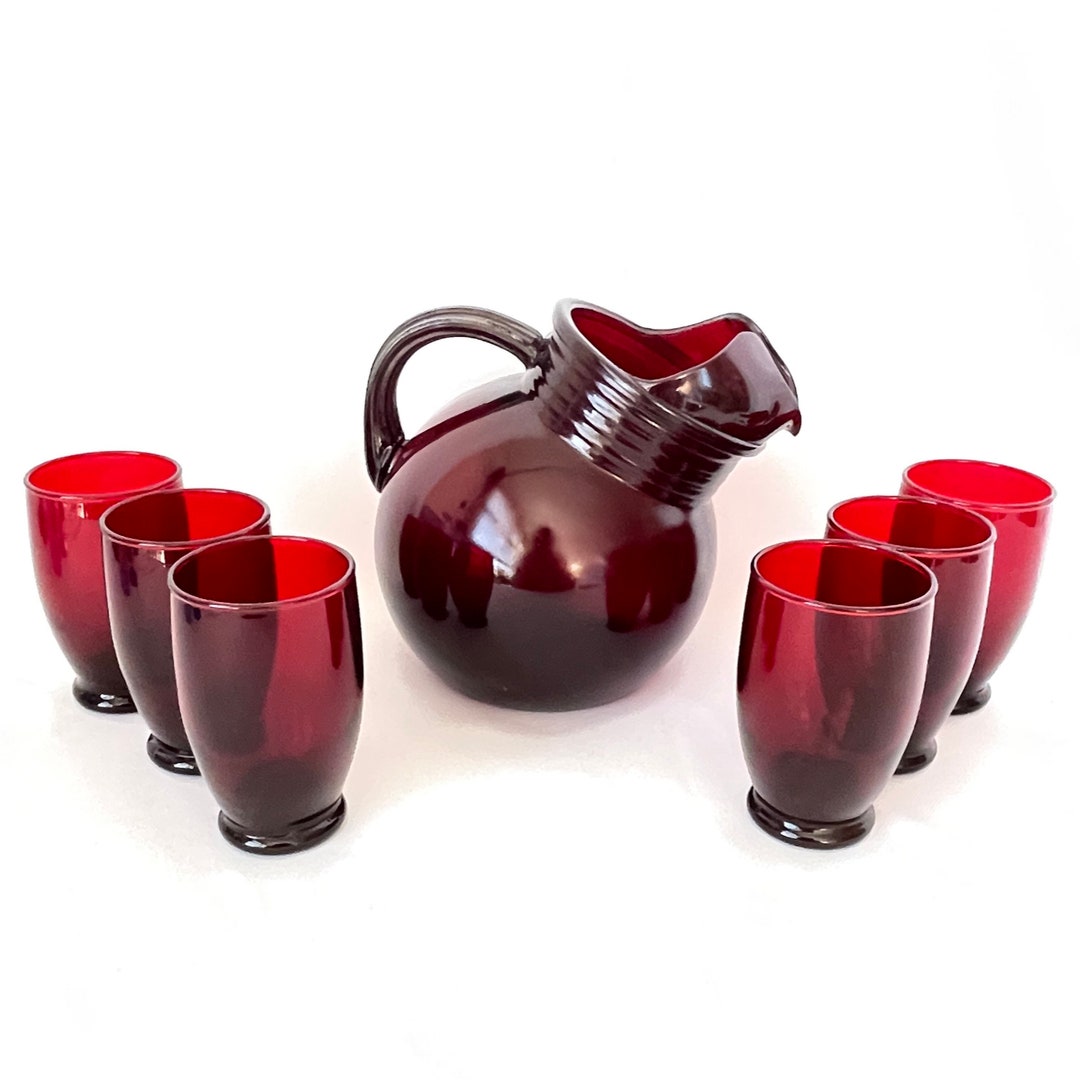 Vintage Ruby Red Glass 42oz Jug Pitcher and 6 Matching 4.5oz Glasses by ...