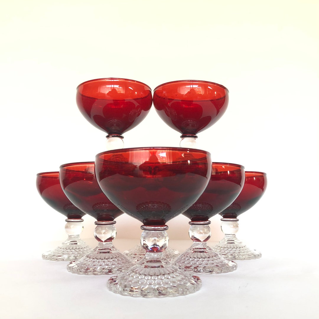 8 Vintage Ruby Red Glass 6oz Cocktail Coupes With Clear Stems & Bases ...