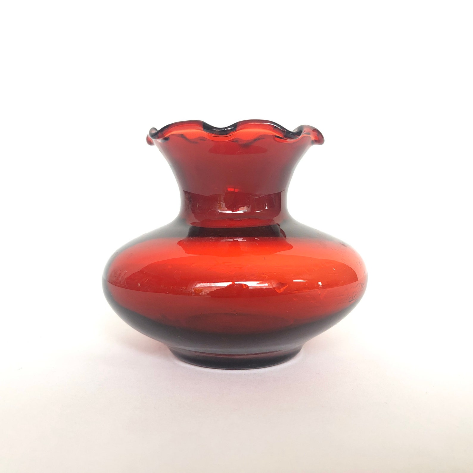 Ruby Red Vintage Glass Ruffled Rim Short Vase - Etsy
