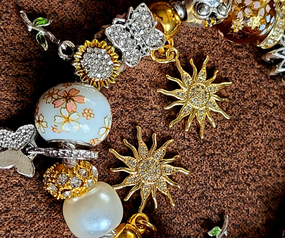 PANDORA CHARM BRACELET Spring Sunflower Butterflies Bee Easter Mom .925 ...