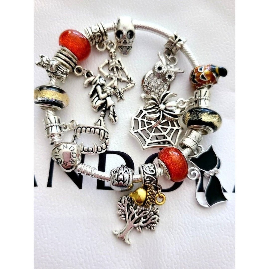 PANDORA HALLOWEEN GOTHIC Charm Bracelet .925 Sterling Silver Owl Skull ...