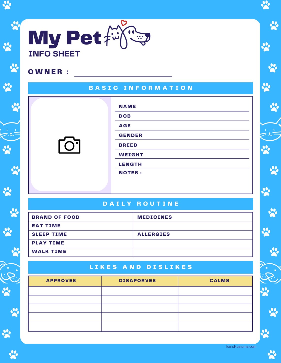 My Pet Information Sheets digital Download - Etsy