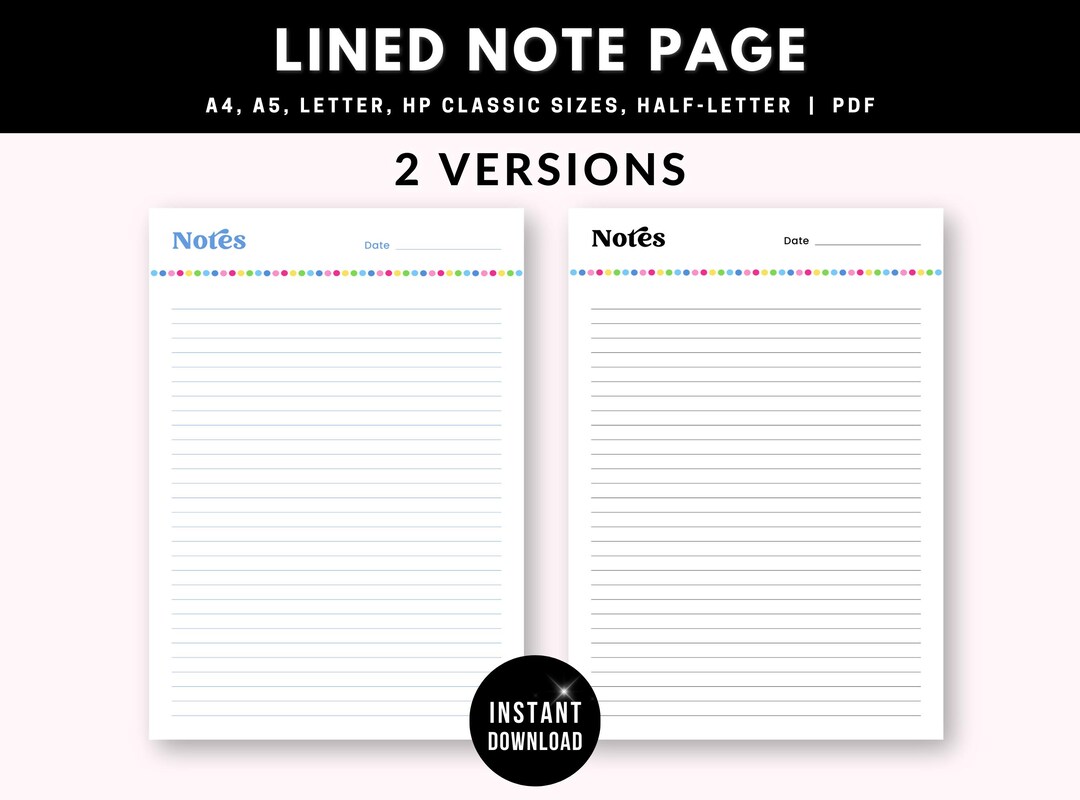 Lined Notes Page Printable | Colorful & Minimalist Planner Insert ...